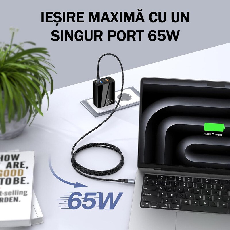 Incarcator rapid multiport USB-C 65W, 5 porturi, tehnologie QC3.0 ...