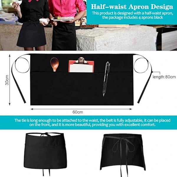 Set 4 sorturi de chelner cu 3 buzunare, impermeabile, negre, 60x30cm ...