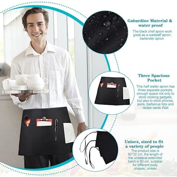 Set 4 sorturi de chelner cu 3 buzunare, impermeabile, negre, 60x30cm ...