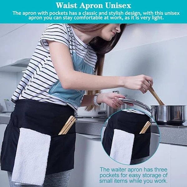 Set 4 sorturi de chelner cu 3 buzunare, impermeabile, negre, 60x30cm ...