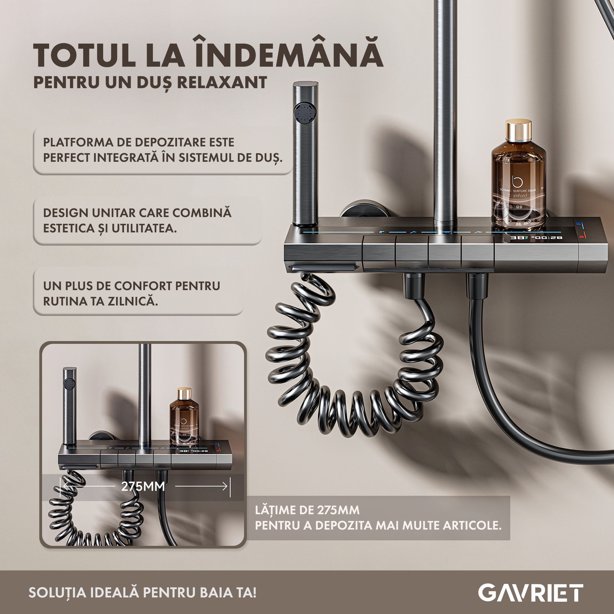 Coloana de Dus Gavriet™ Smart, Ecran LED, 75-140 cm Inaltime, Afisare ...