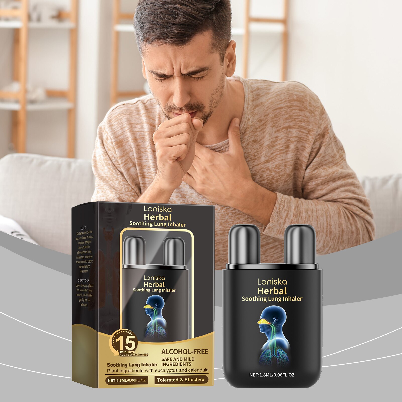 Inhalator nazal din plante Laniska, 2 bucati, mentol, eucalipt, compact ...