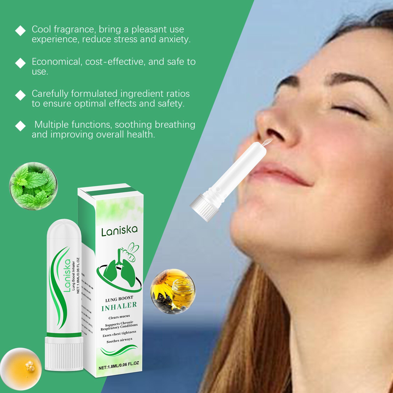 Inhalator nazal Laniska, ulei de floarea-soarelui si mentol ...