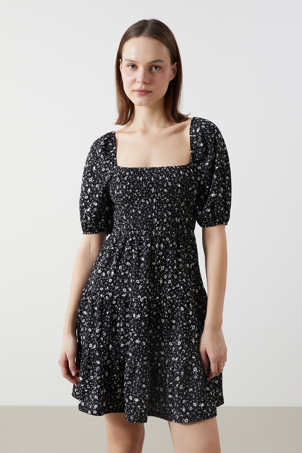 LC WAIKIKI, Rochie scurta cu decolteu patrat, Alb, Negru stins, S - eMAG.ro
