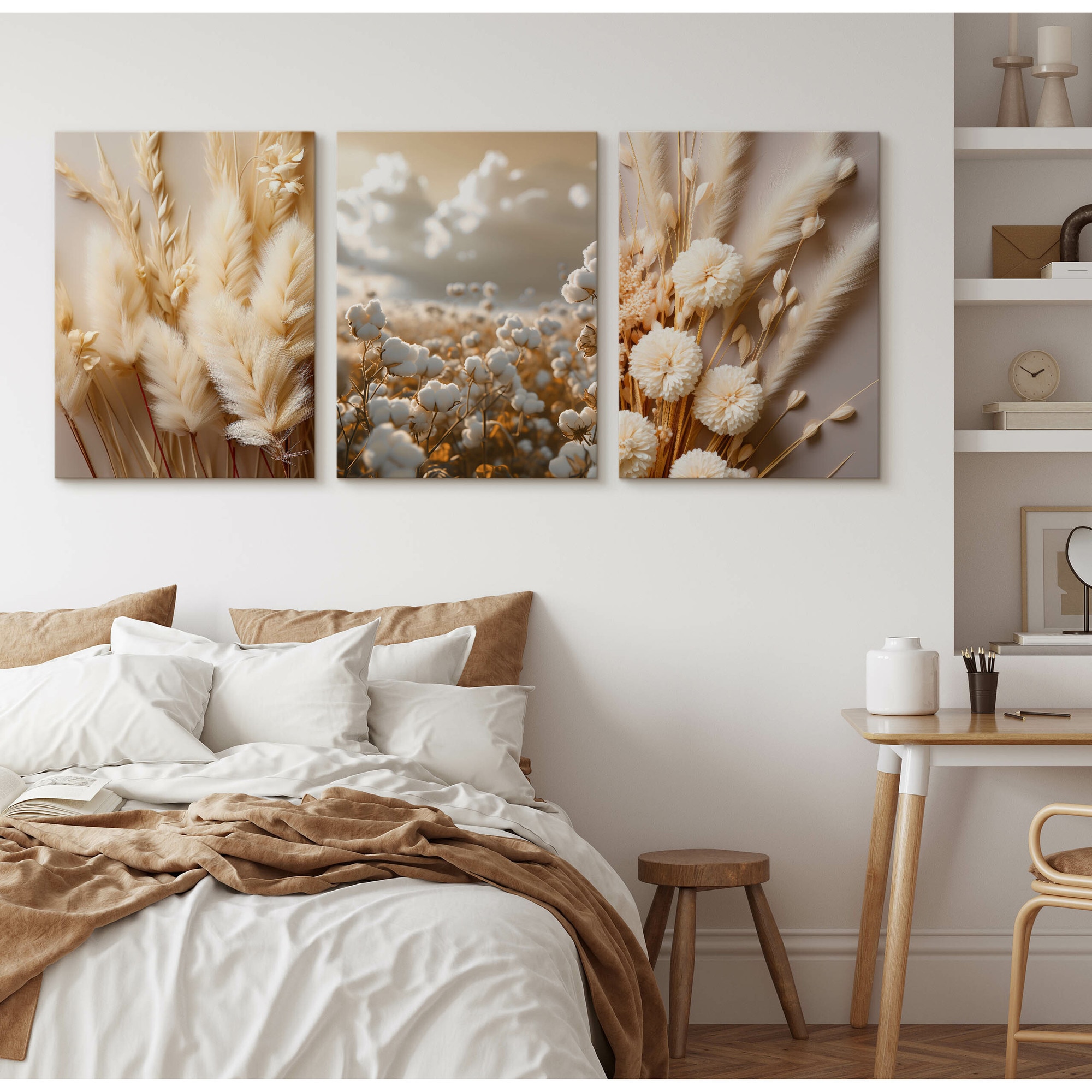 Tablou Muralo, Set Flori Bumbac Ierburi Natura 90 cm x 40 cm 3 X 30-40 ...