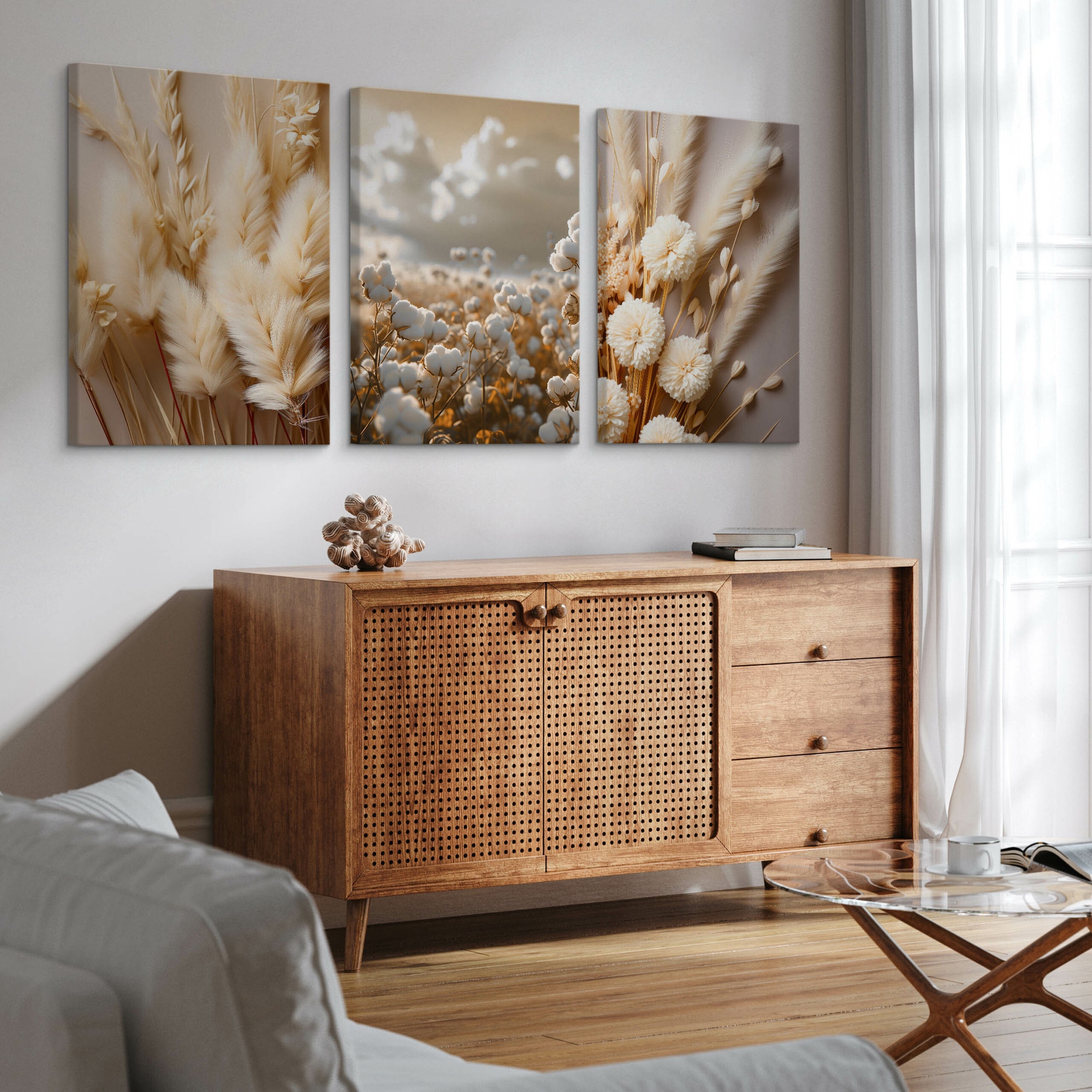 Tablou Muralo, Set Flori Bumbac Ierburi Natura 90 cm x 40 cm 3 X 30-40 ...