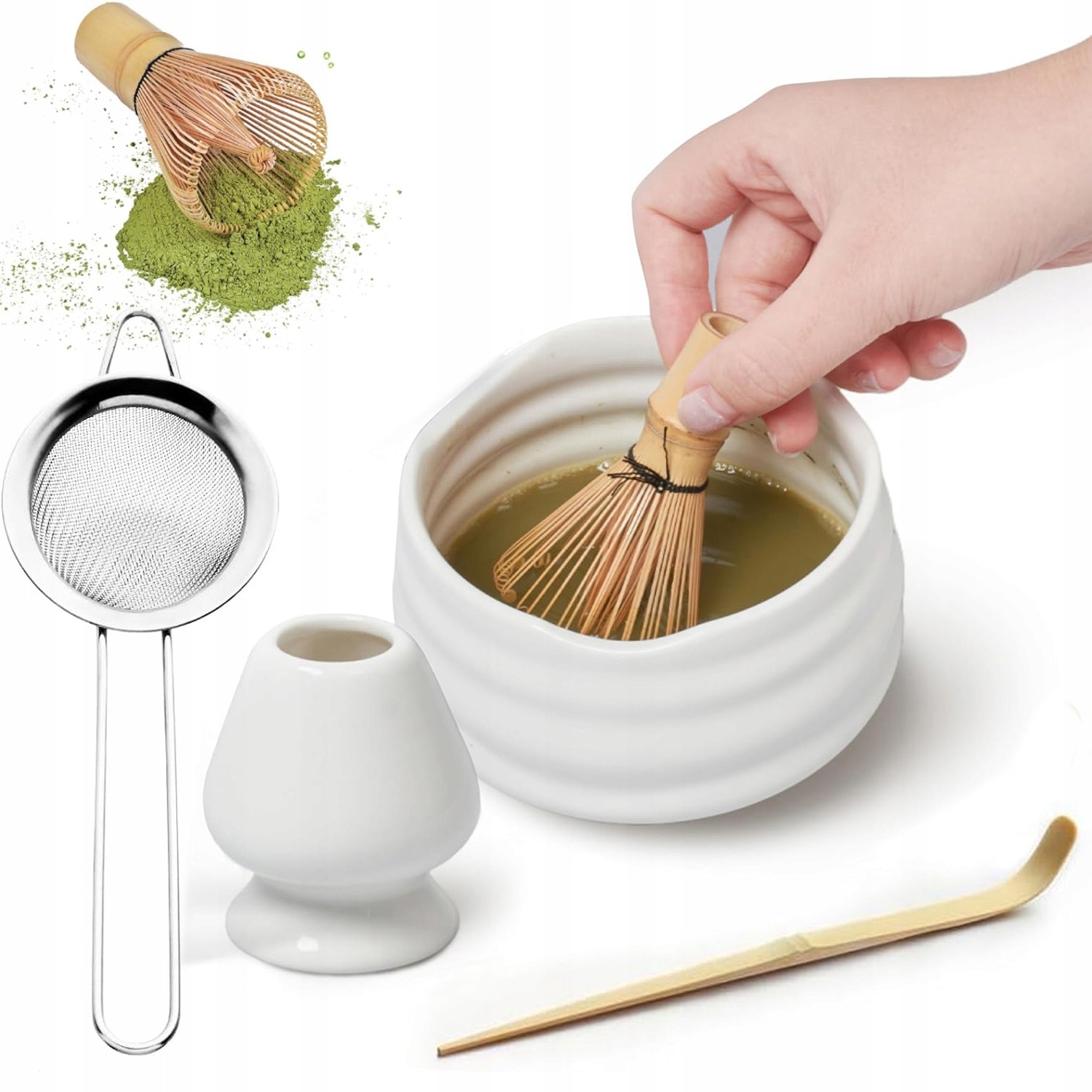 Set 5 Piese de ceai Matcha - Bat Bambus pentru Mixat, Bol Ceramic ...
