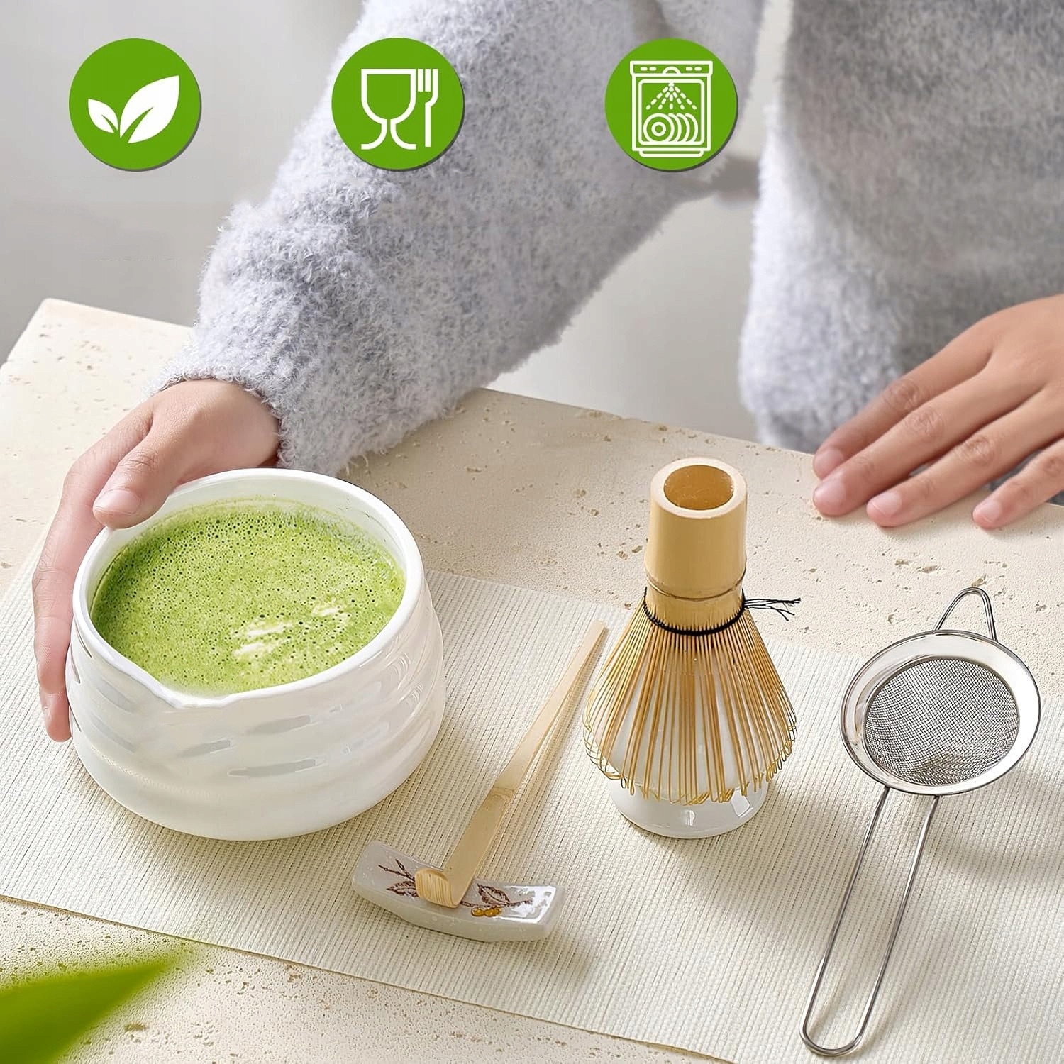 Set 5 Piese de ceai Matcha - Bat Bambus pentru Mixat, Bol Ceramic ...