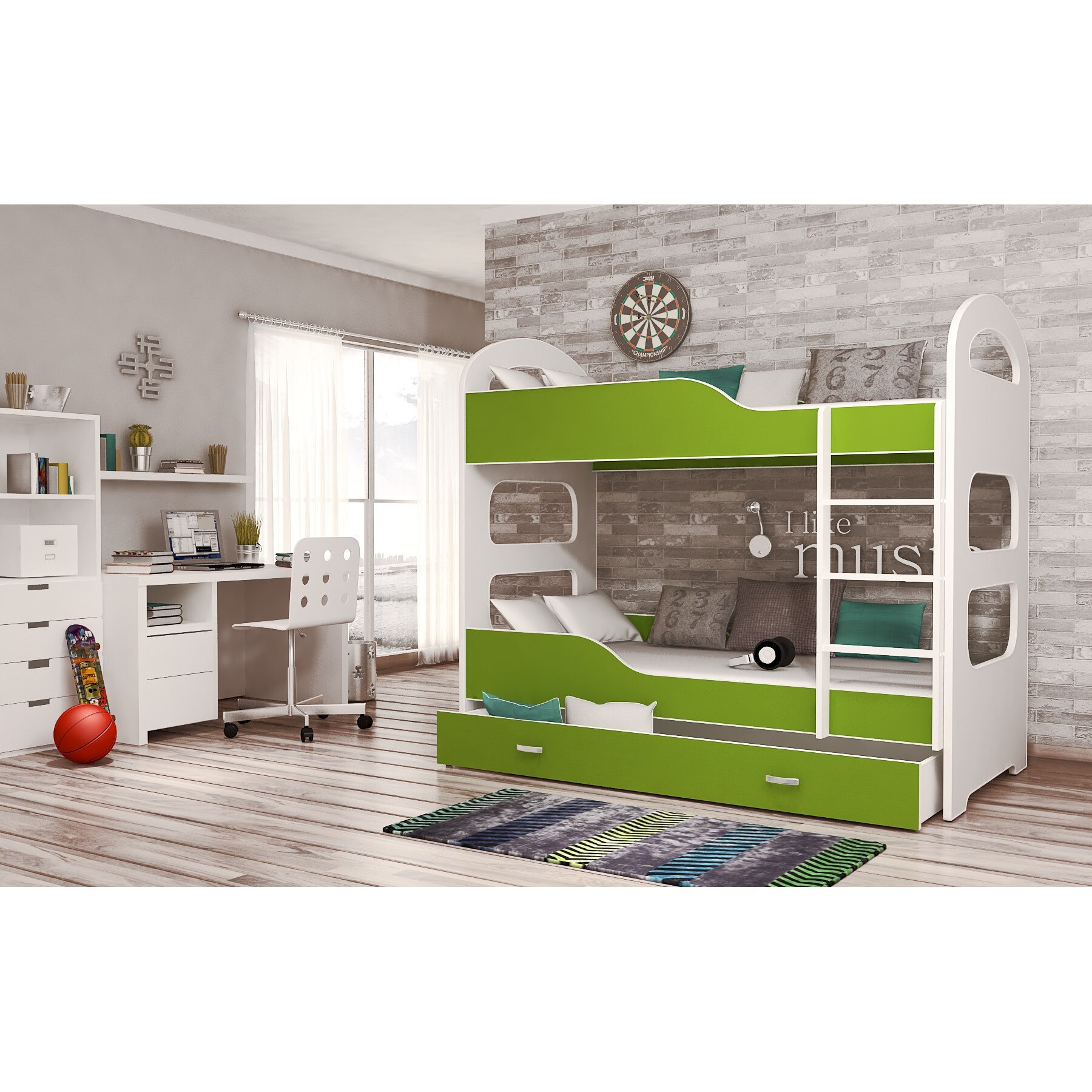 Pat suprapus pentru 2 copii Dominik, 80x180 cm, Alb / Verde, MDF - eMAG.ro