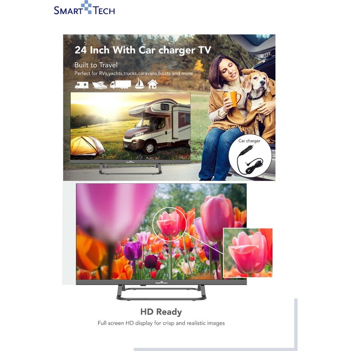 Televizor LED Google TV SmartTech 24HG01VC, 60 cm, alimentare auto 12V / retea 220V, HD Ready ...