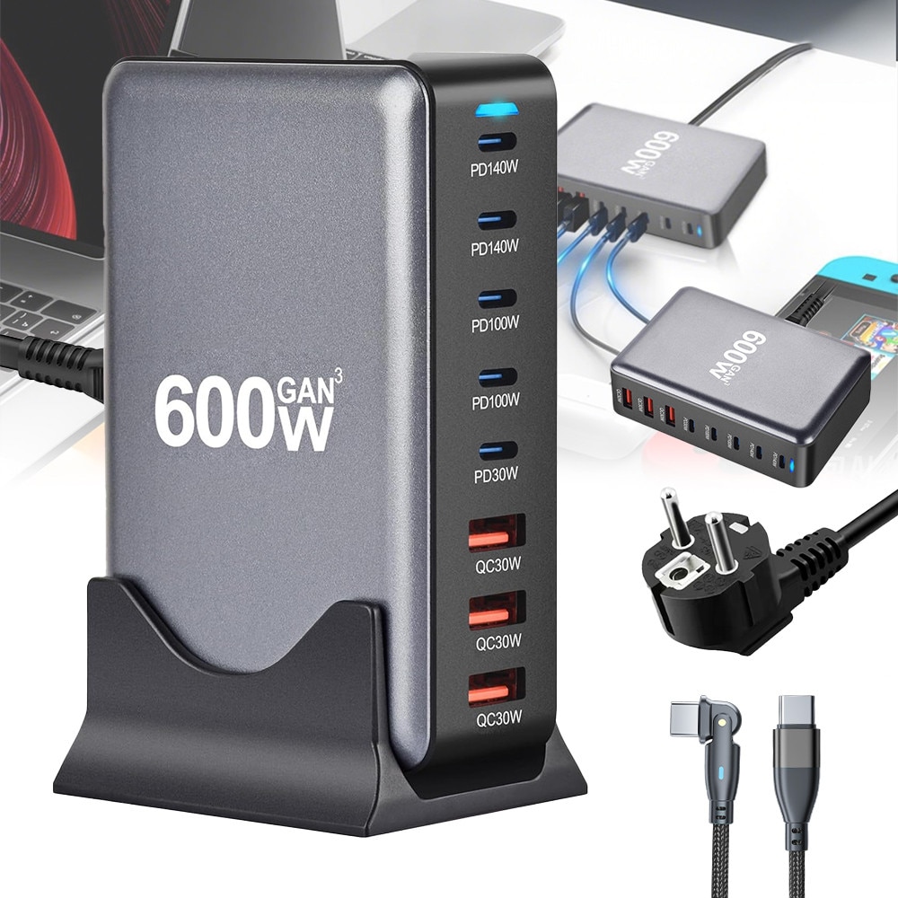 EXCITAT® Statia de incarcare GaN3 600W cu 8 porturi – Incarcator rapid ...