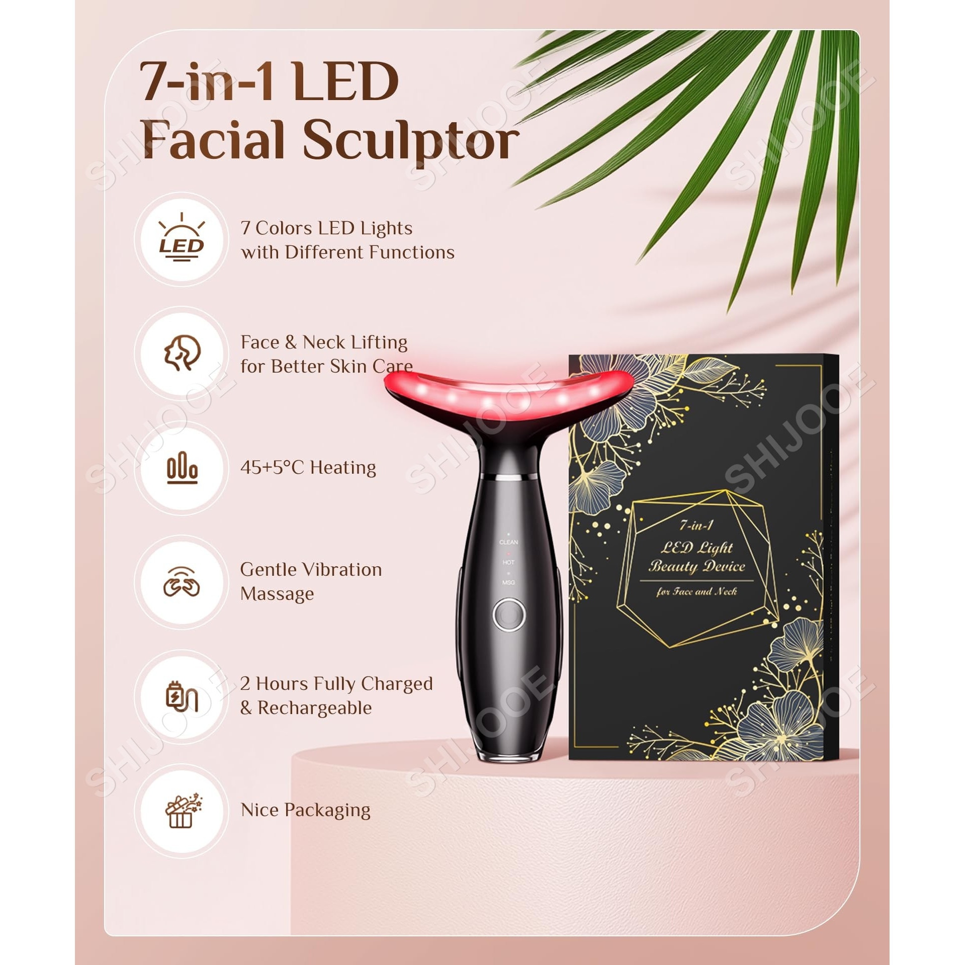 Dispozitiv Facial Profesional 7 IN 1，SHIJOOE®，7 moduri de culoare，Functie De Incalzire，Reducerea ...