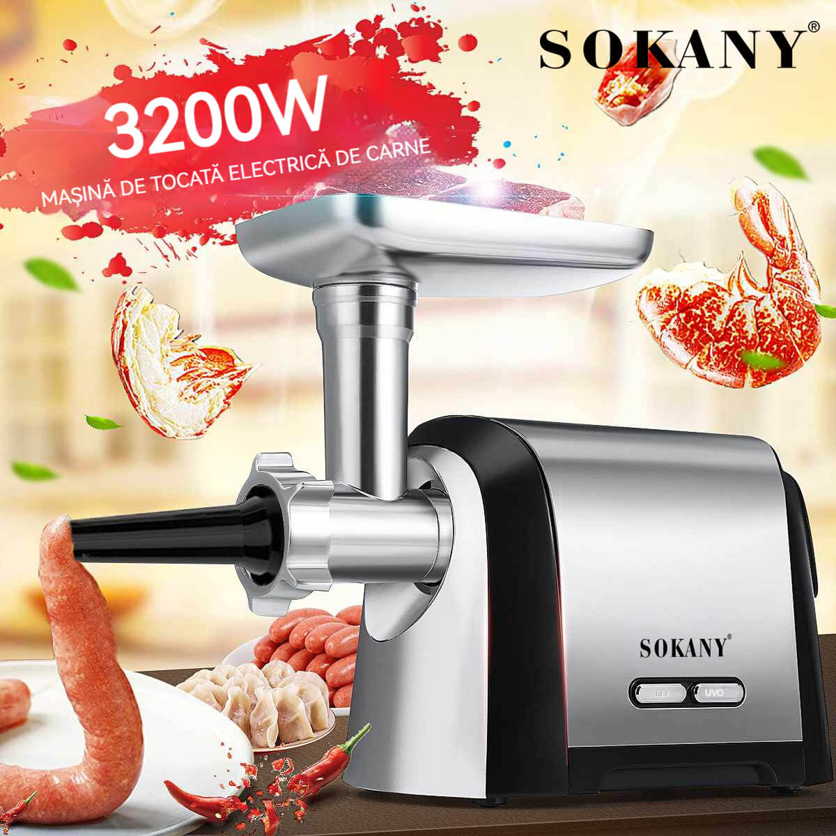 Masina de tocat carne, SOKANY, 3200W, 220V, 3 moduri cu 2 lame, 3 ...