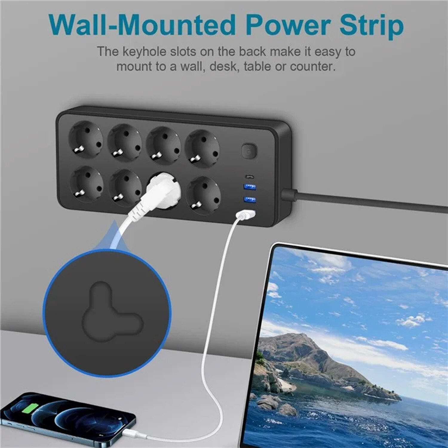Prelungitor, Montabil pe Perete, BYONDSELF®, 8 Prize, 3 USB, 1 USB-C ...