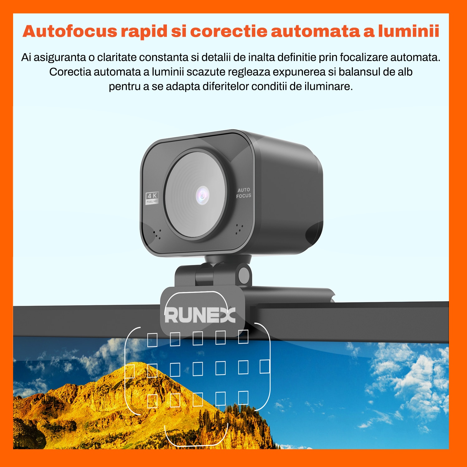 Camera Web Runex® Webcam 4K, 8MP, Auto-Focus, Expunere Automata, Rotire ...