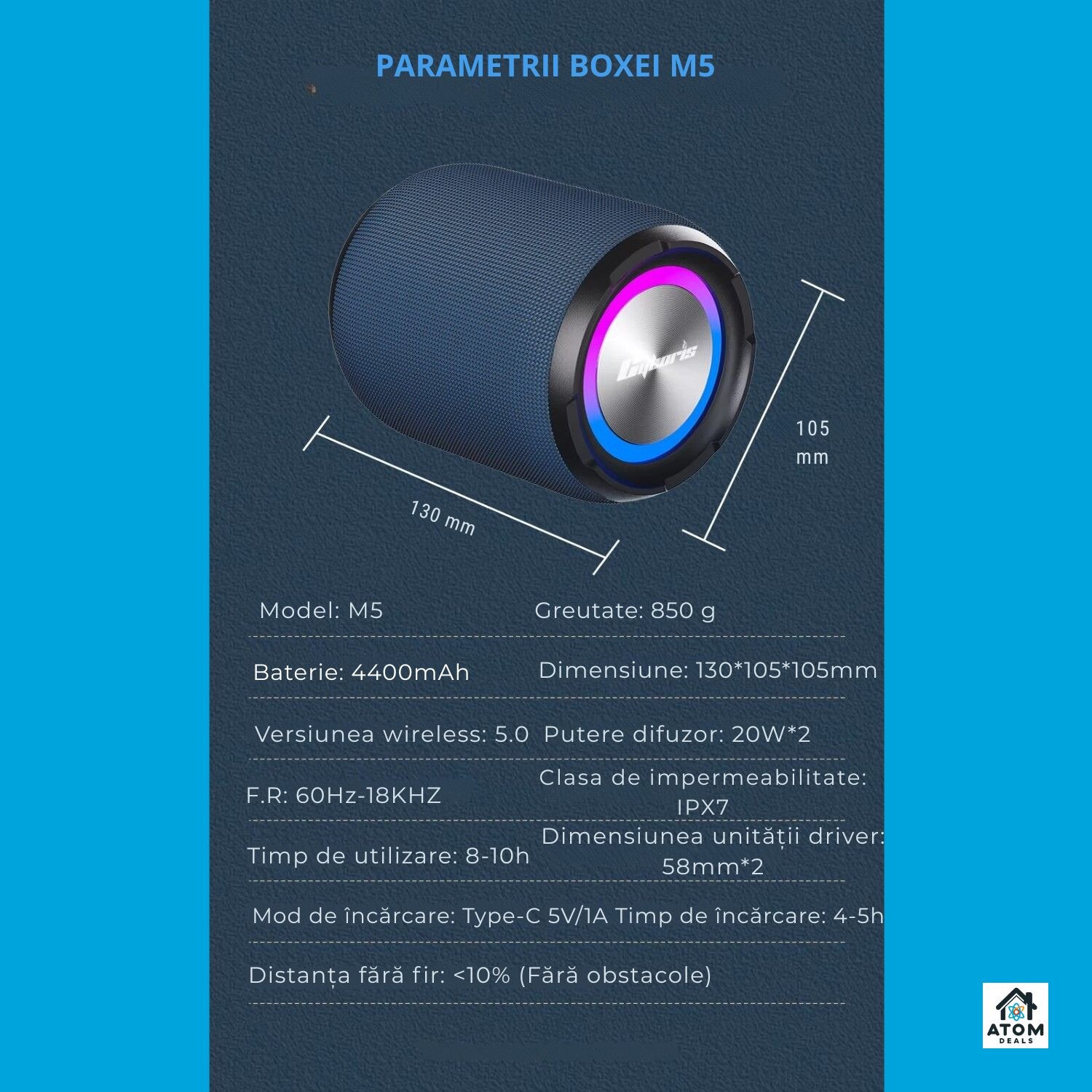 Boxa portabila ATOM Deals®, waterproof IPX7, sunet stereo 40W cu bass ...