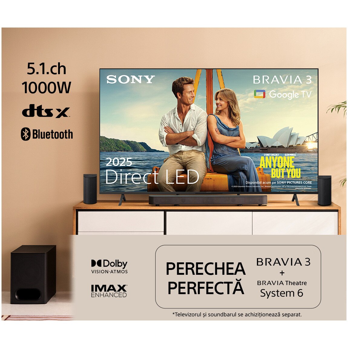 Televizor Sony BRAVIA 3 LED 75S39, 189 cm, Smart Google TV, 4K Ultra HD ...