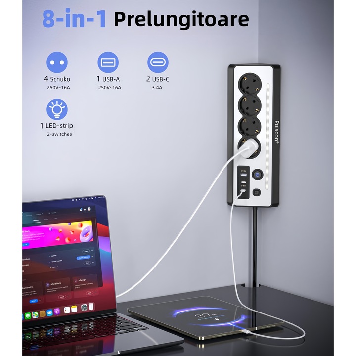 Prelungitoare 8-in-1, Poisoon®， 4 prize, 1 USB-A, 2 USB-C, Buton ON/OFF ...