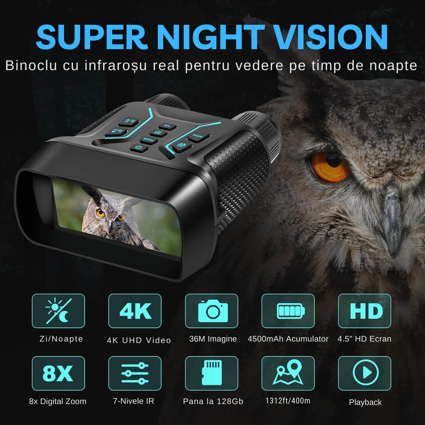 Binoclu KLASTEP cu vedere nocturna digitala 4K, zoom 8X, ecran HD 4.55 ...