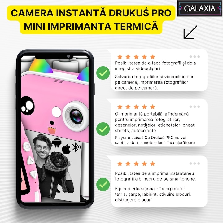 Aparat Foto Instant Copii Arhatreya®, 10 role, 48px, destinata copiilor ...