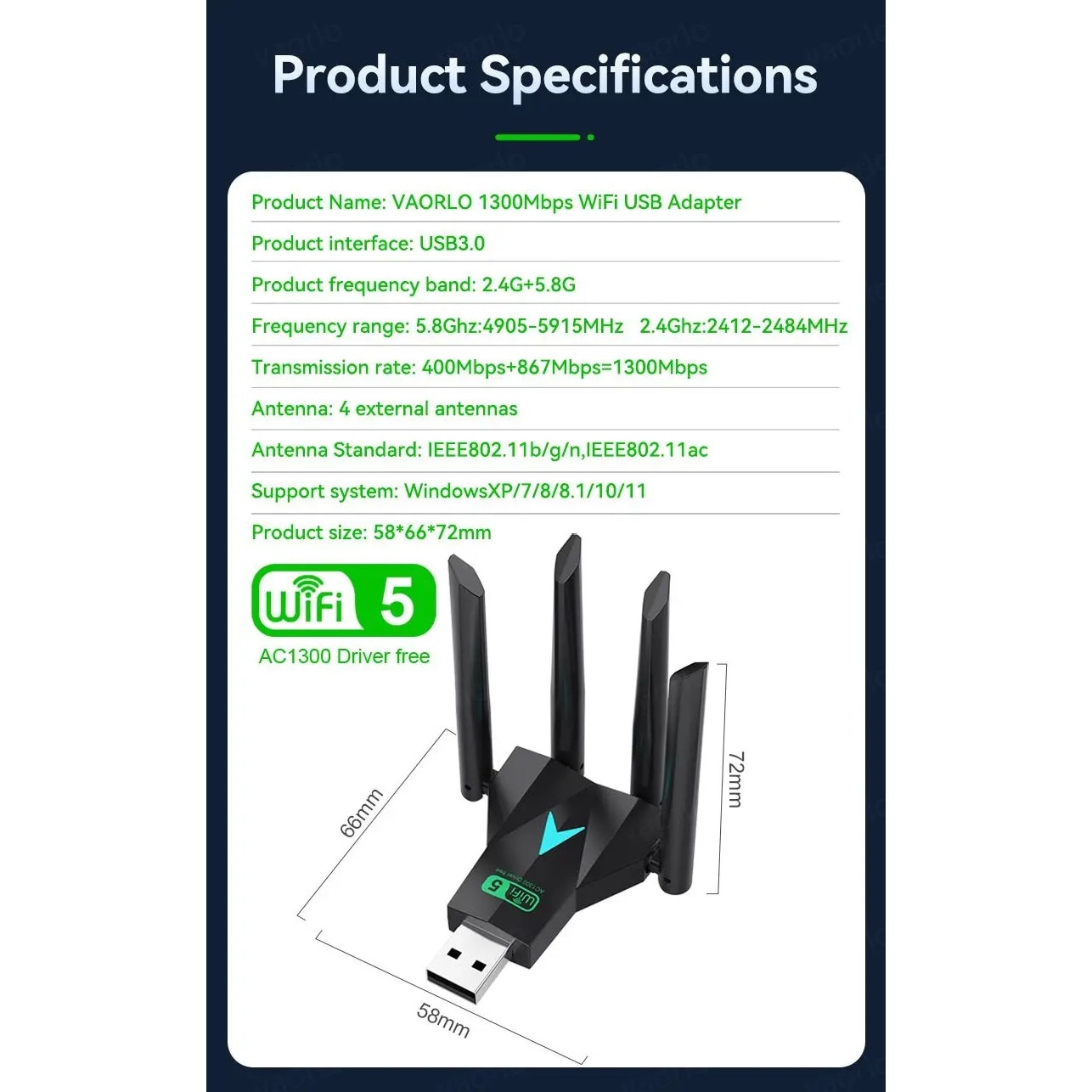 Adaptor WiFi 1300Mbps TEKA, 4 antene externe, dual-band 2.4G/5G, USB 3. ...