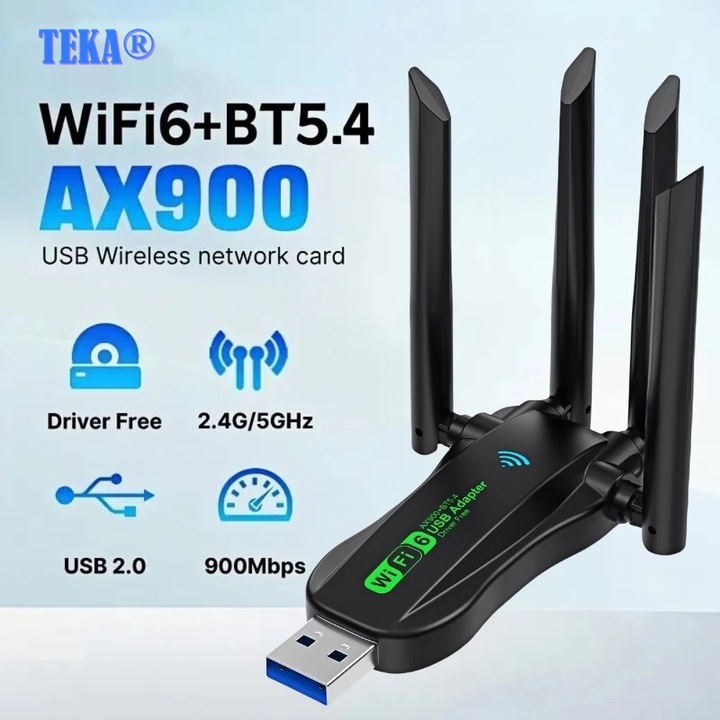 Adaptor WiFi 6, TEKA, 2-in-1, 4 antene, USB 3.0, 900Mbps, Negru ...