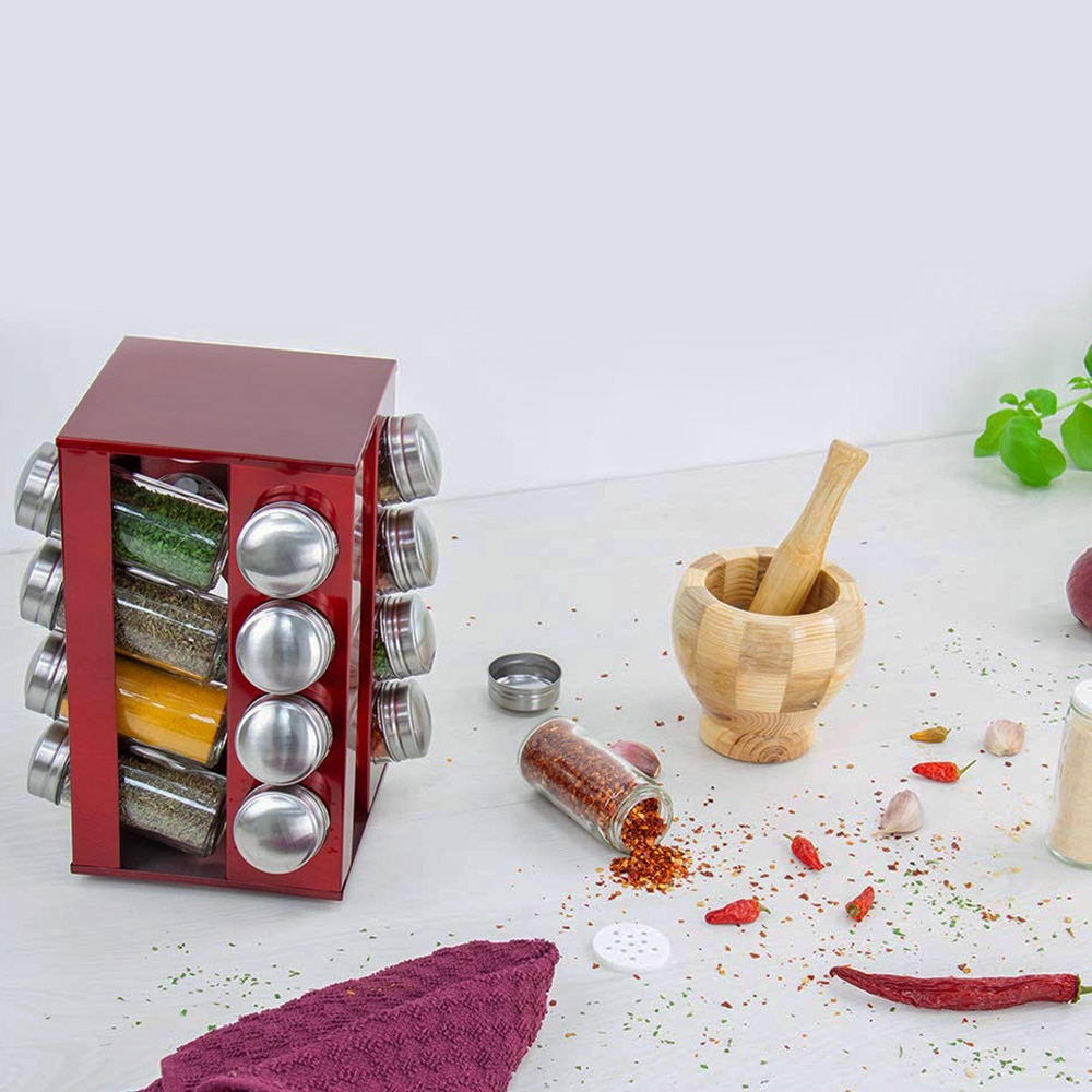 Borcane de condimente, ZEPHYR, 16 buc, 4 nivele, Baza rotativa, Rosu ...