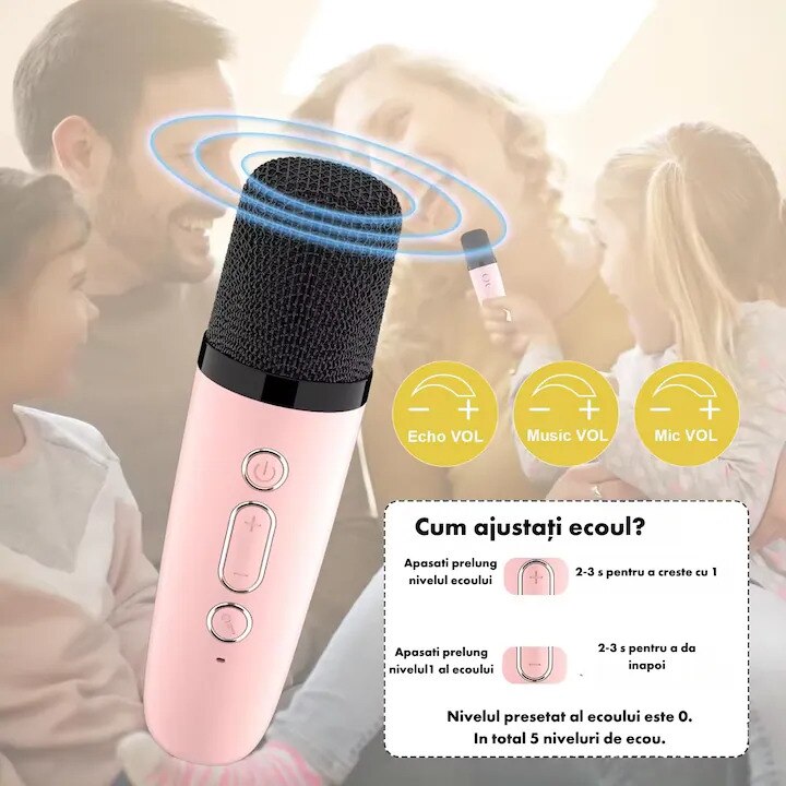 Set mini masina de karaoke pentru copii, microfon roz, boxa Bluetooth ...