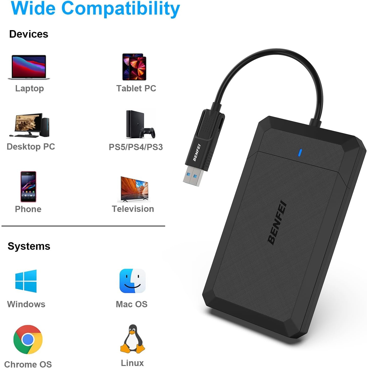 Rack extern pentru HDD 2.5" SATA, Benfei, USB 3.0/ Type-C, Negru - eMAG.ro