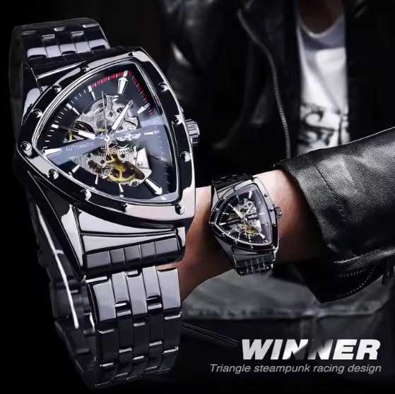 Ceas de mana Winner 395 skeleton triunghiular, barbatesc, mecanism ...