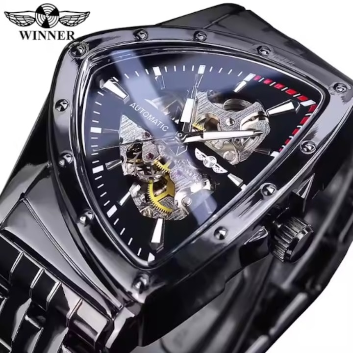 Ceas de mana Winner 395 skeleton triunghiular, barbatesc, mecanism ...