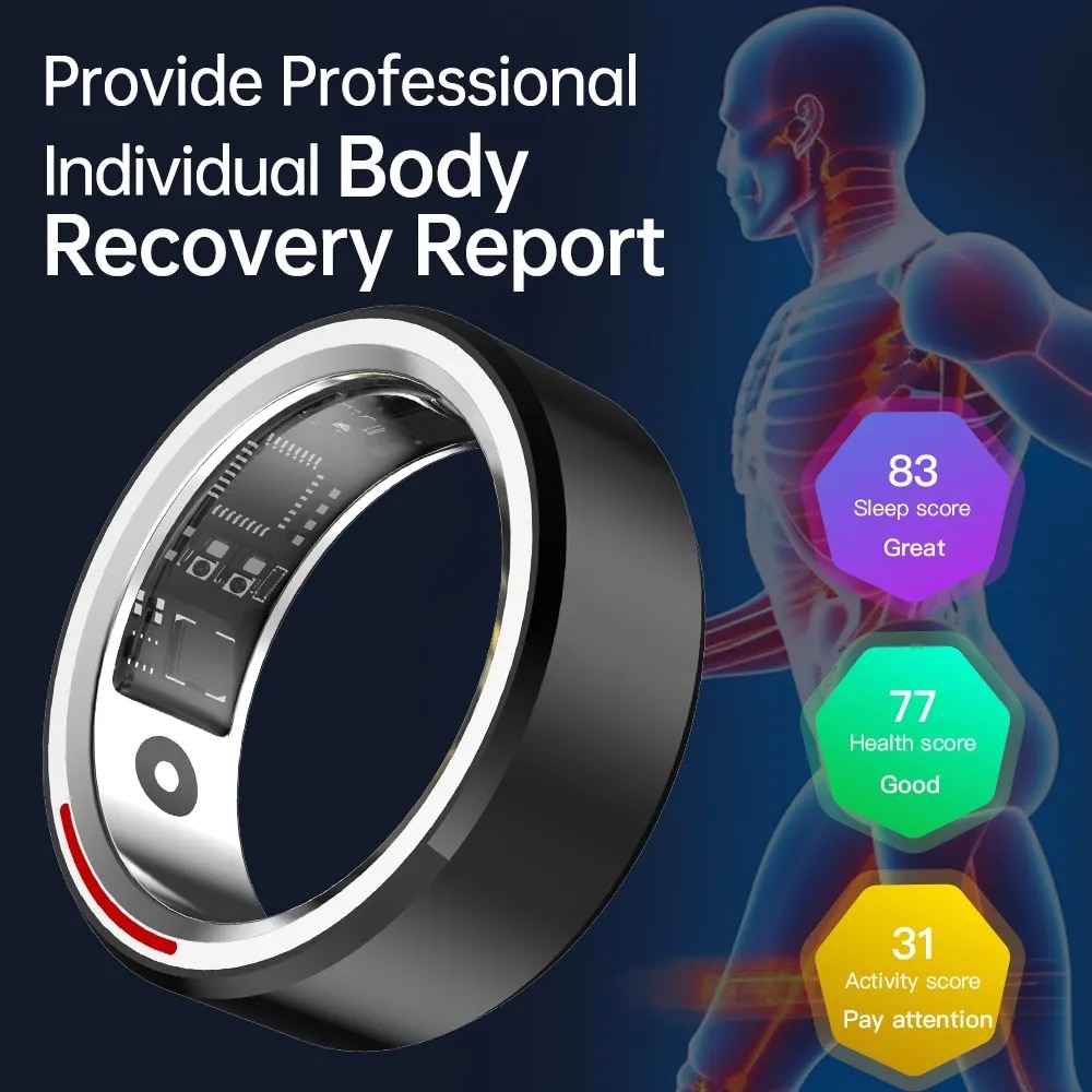 Inel smart premium, aliaj titan, negru, fitness, ritm cardiac ...