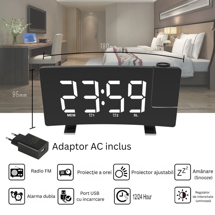 Ceas digital cu radio FM, Proiectie, Led alb, Ecran mare, Rotire ...
