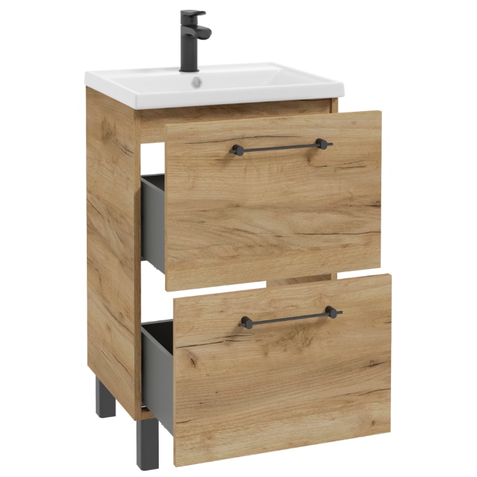 Dulap baie cu lavoar, DomoDomo, PAL / Ceramica, 84 x 50 x 40 cm, Stejar ...