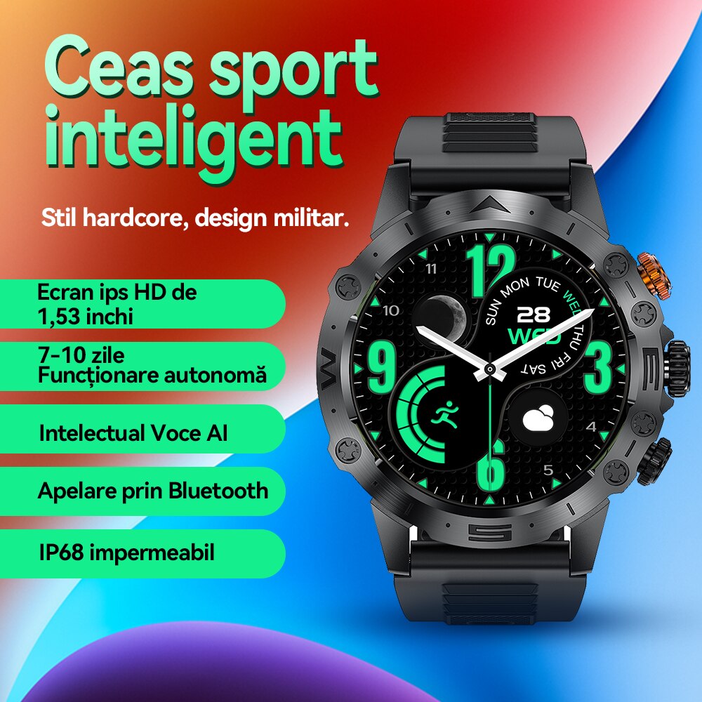 Ceas inteligent pentru barbati MT43Pro, ecran AMOLED,1.53 inch， 2 ...