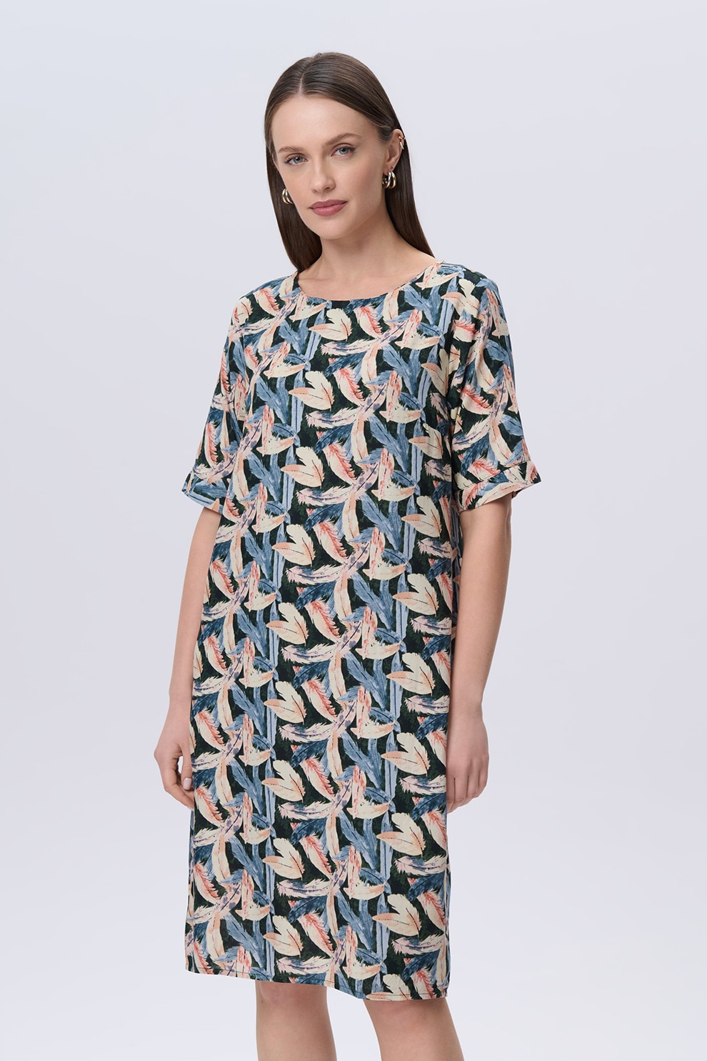 GreenPoint, Rochie-tricou cu imprimeu floral, Albastru azur, Bej ...