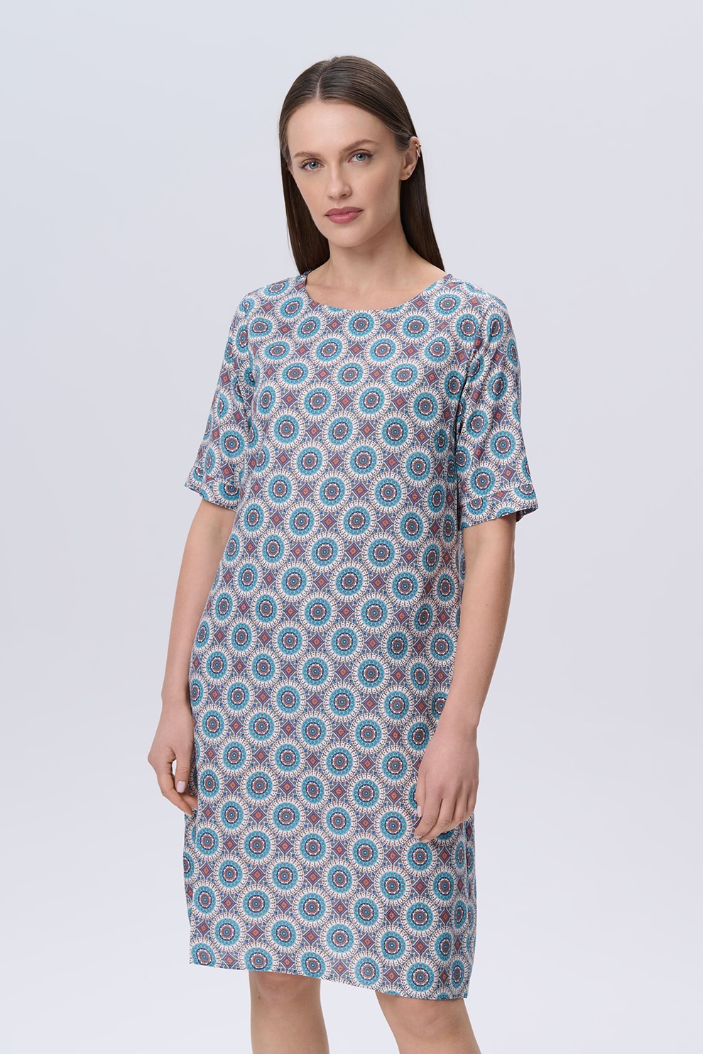 GreenPoint, Rochie-tricou cu imprimeu floral, Portocaliu, Albastru, 46 ...