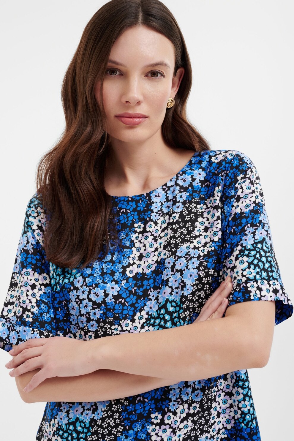 GreenPoint, Rochie-tricou cu imprimeu floral, Alb, Negru, Albastru, 46 ...