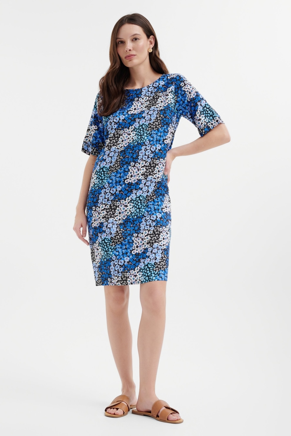 GreenPoint, Rochie-tricou cu imprimeu floral, Alb, Negru, Albastru, 46 ...
