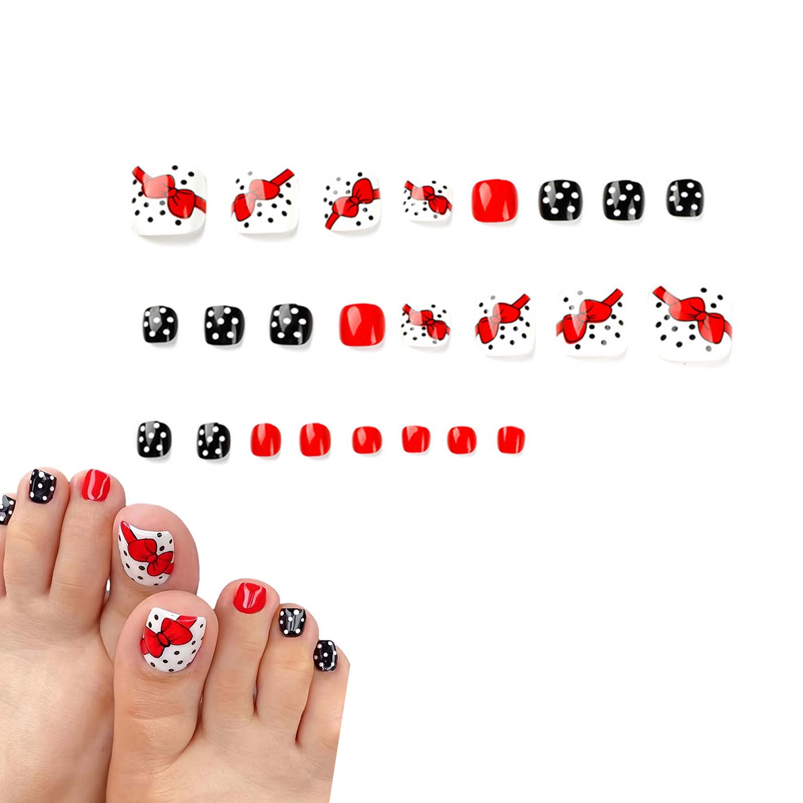 Set de 24 unghii false TREXORA, buline negre si albe cu fundita rosie ...
