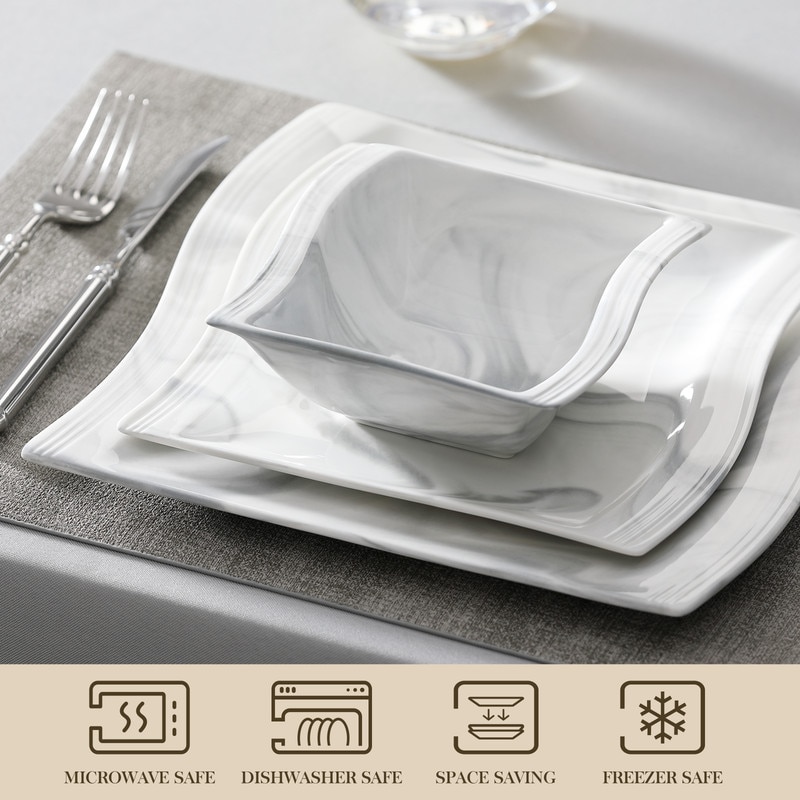 Set de masa din portelan MALACASA, 26 piese, gri marmorat, pentru 6 ...