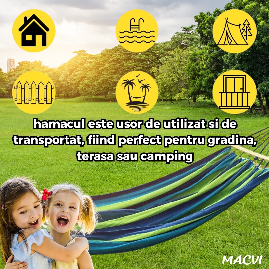 Macvi® Deluxe Двоен хамак за 2 души Капацитет 200 кг, 200x150 см, Син ...