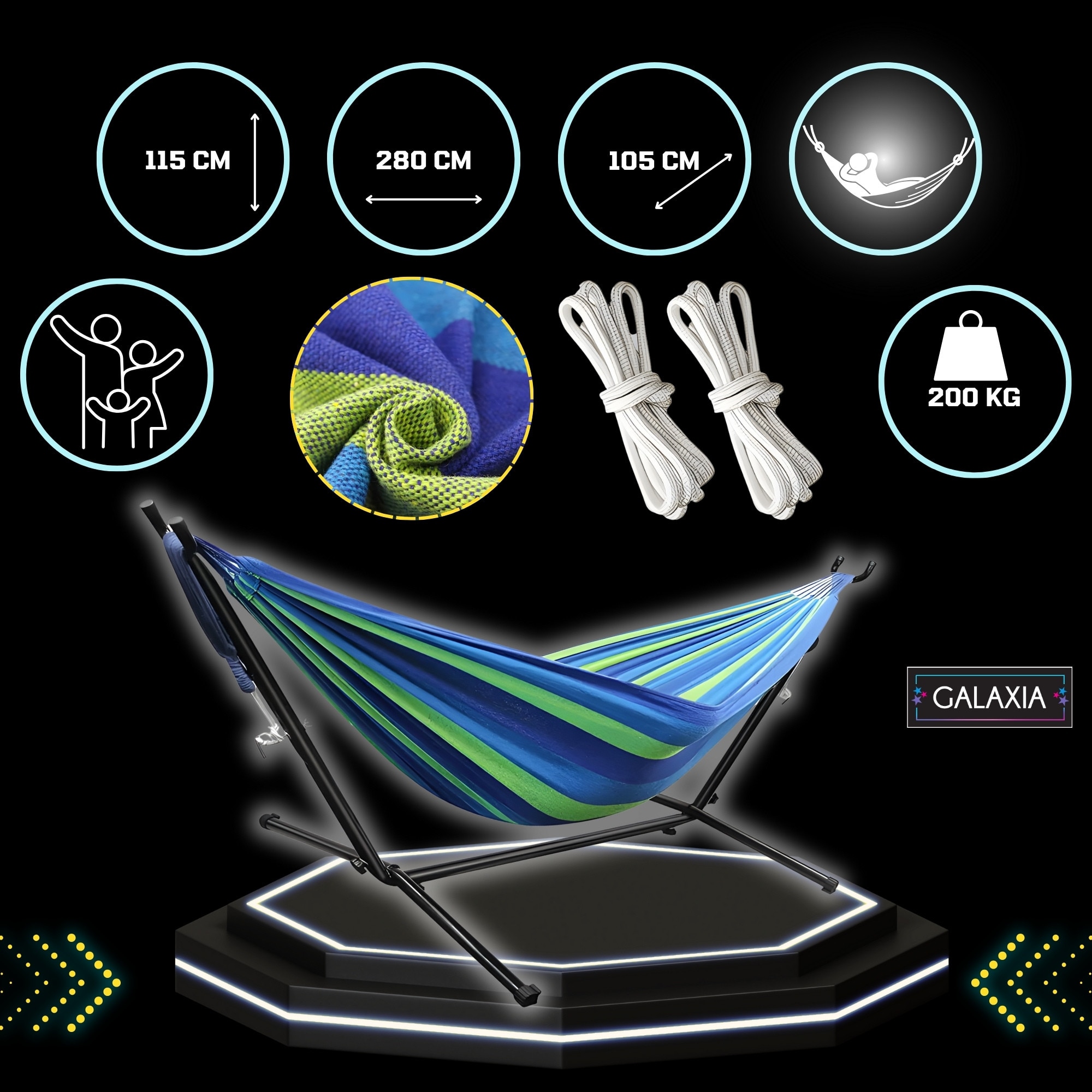 Hamac Dublu de Gradina cu Suport GALAXIA®, 280 Cm XXL, Albastru-Verde ...