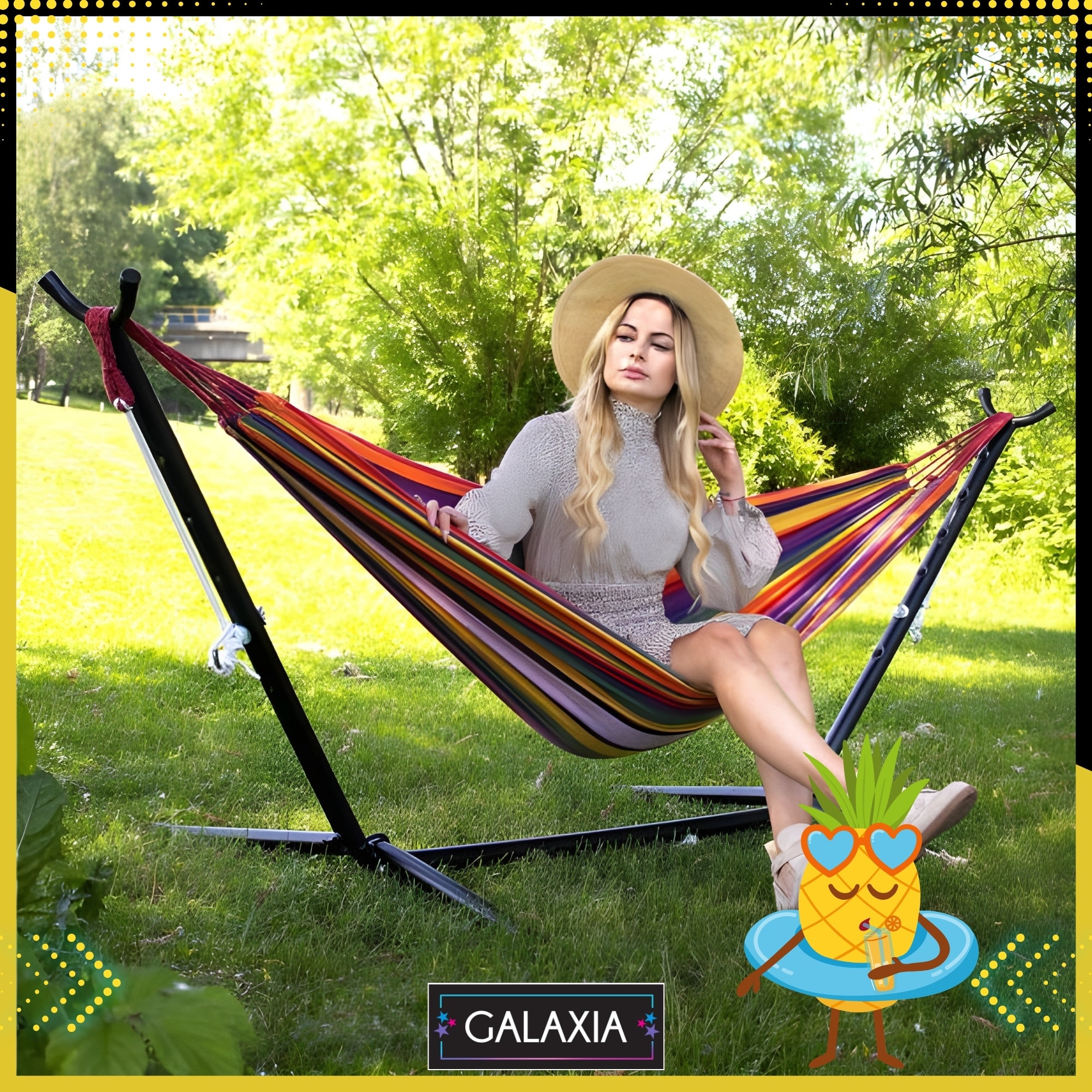 Hamac Dublu de Gradina cu Suport GALAXIA®, Rosu-Galben Curcubeu Panza ...