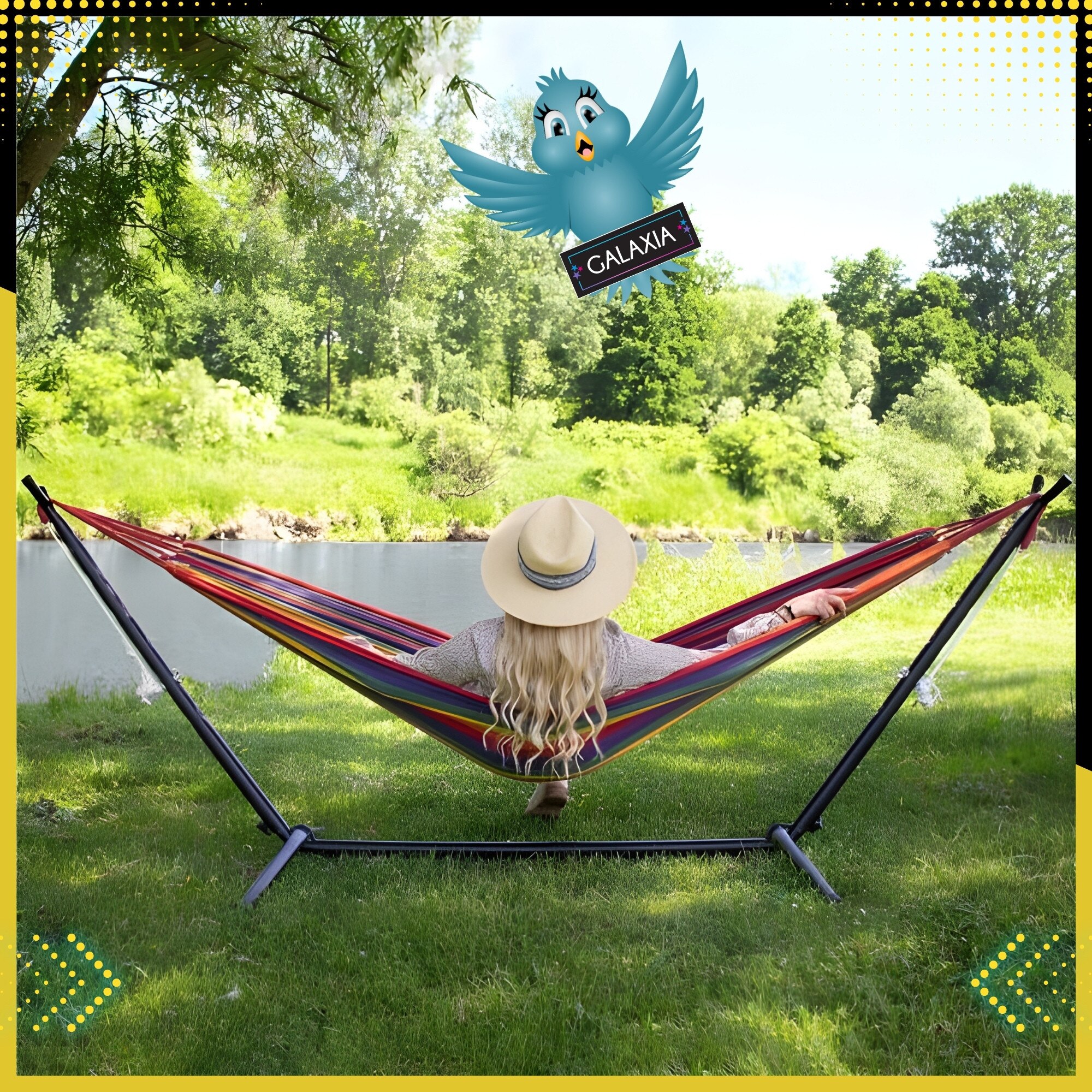 Hamac Dublu de Gradina cu Suport GALAXIA®, Rosu-Galben Curcubeu Panza ...