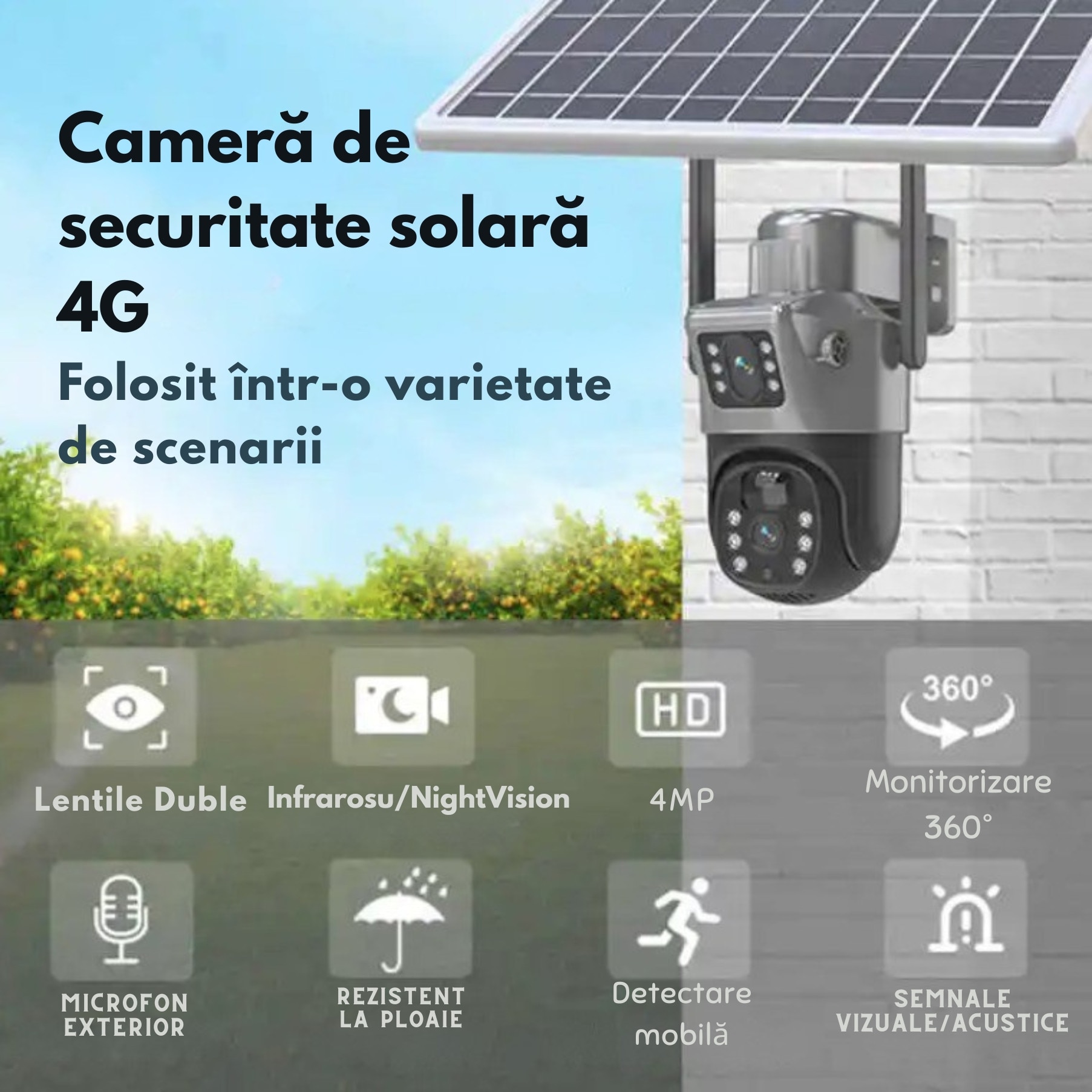 Camera de Supraveghere 4K cu doua lentile, panou Solar, 4G, vizualizare Nocturna, functie de ...