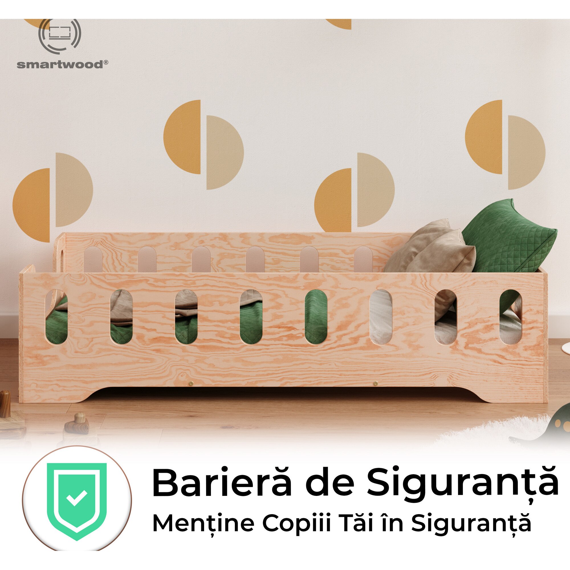 Pat copii 160x90 cm din lemn de pin natural cu balustrada de siguranta ...