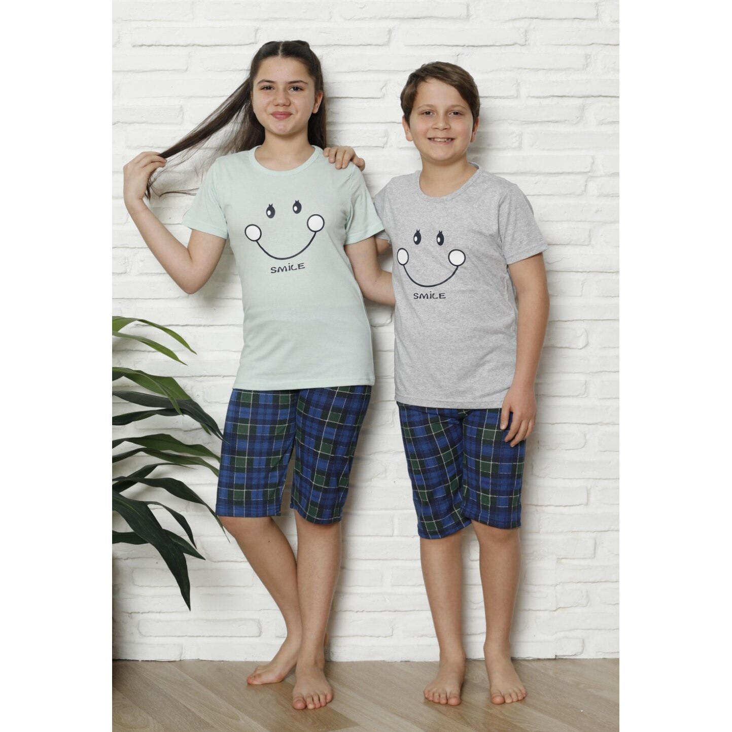 Pijama familie-copii, bumbac, maneca scurta si pantaloni 3/4, verde1 ...