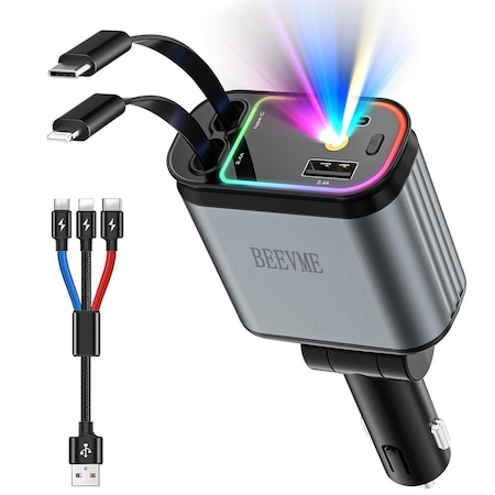 Incarcator auto 66W Fast Charge, cu cablu retractabil si proiector ...