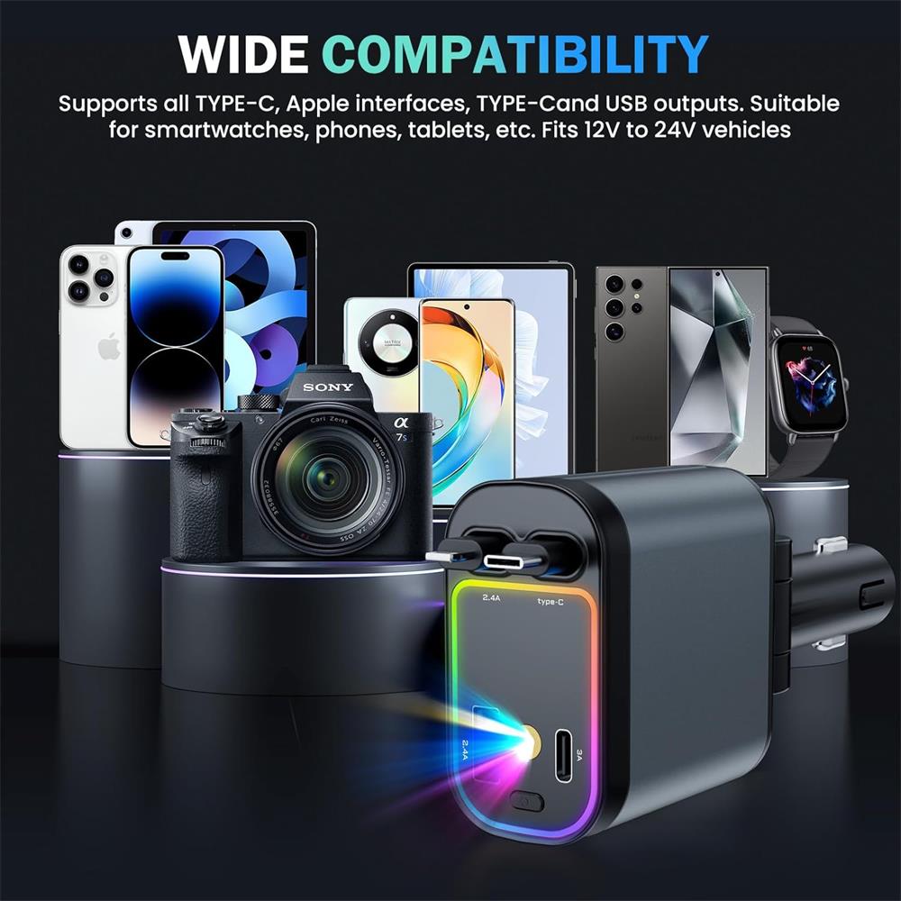 Incarcator auto 66W Fast Charge, cu cablu retractabil si proiector ...